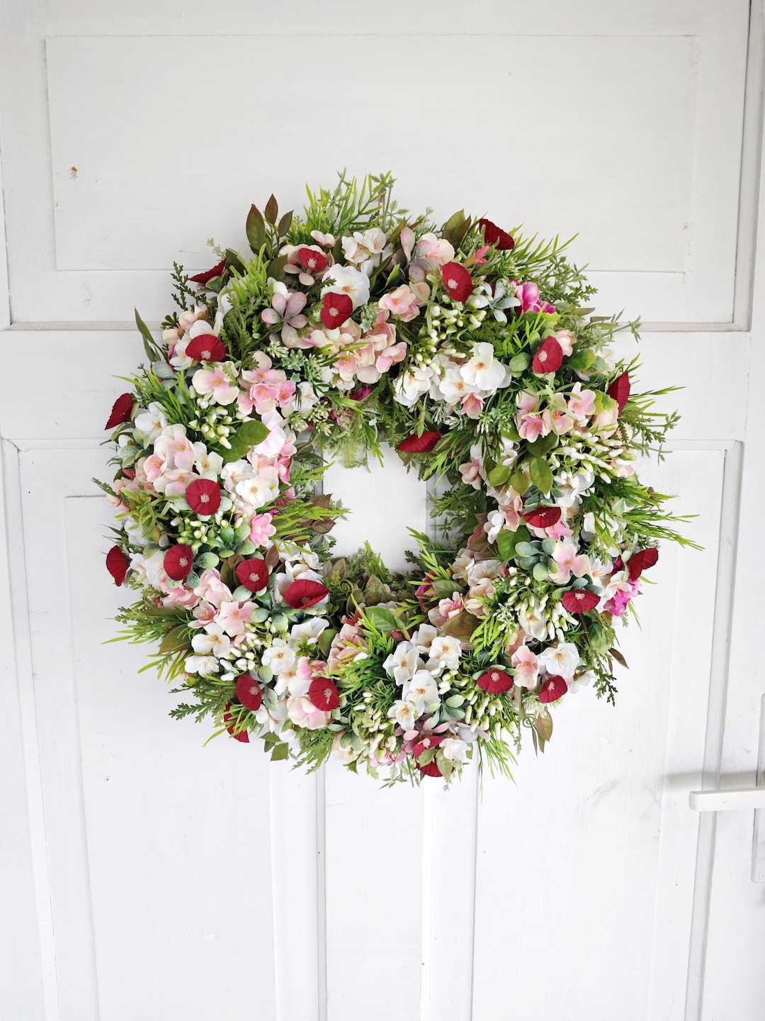Rustic Spring Wreath, Happy Holiday Decor, Faux Flowers Door Wreath ...