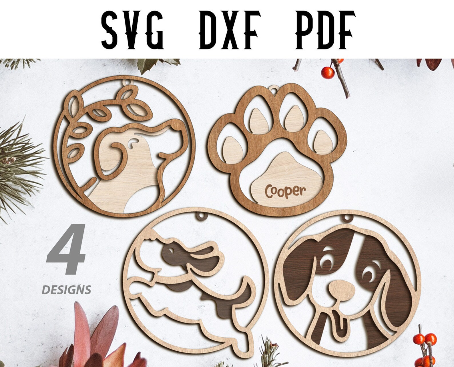 Dog Christmas Ornament Laser Cut Design: 4 Puppy Designs (SVG, DXF, PDF ...