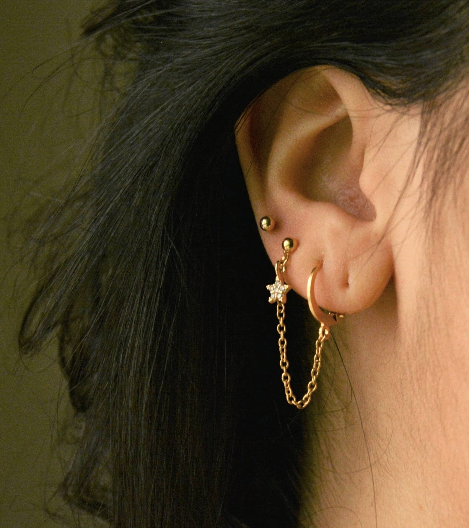 Star Double Piercing Earring Chain Earrings Star Earrings | Etsy