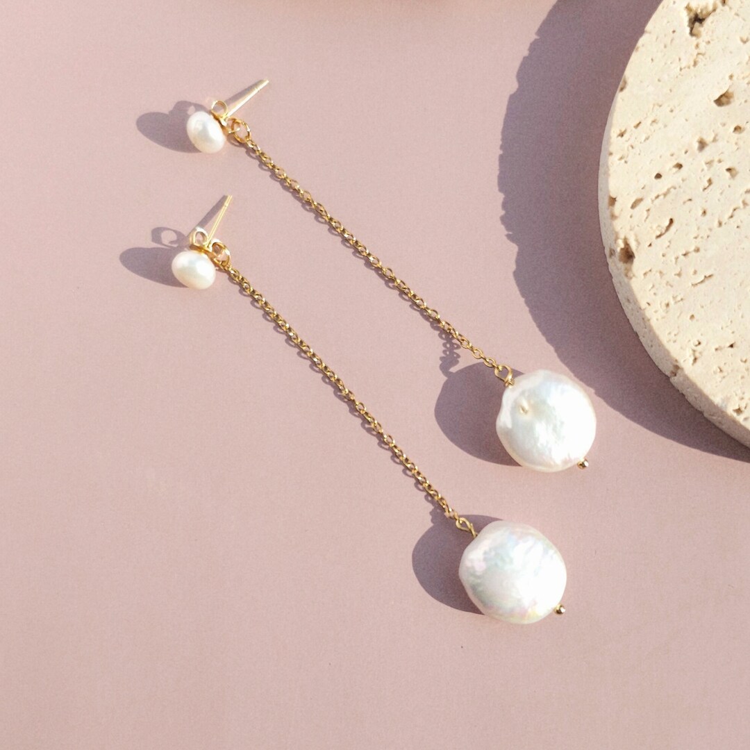 Bridal Pearl Chain Earrings, 14k Gold Filled Fresh Water Pearl Drop ...