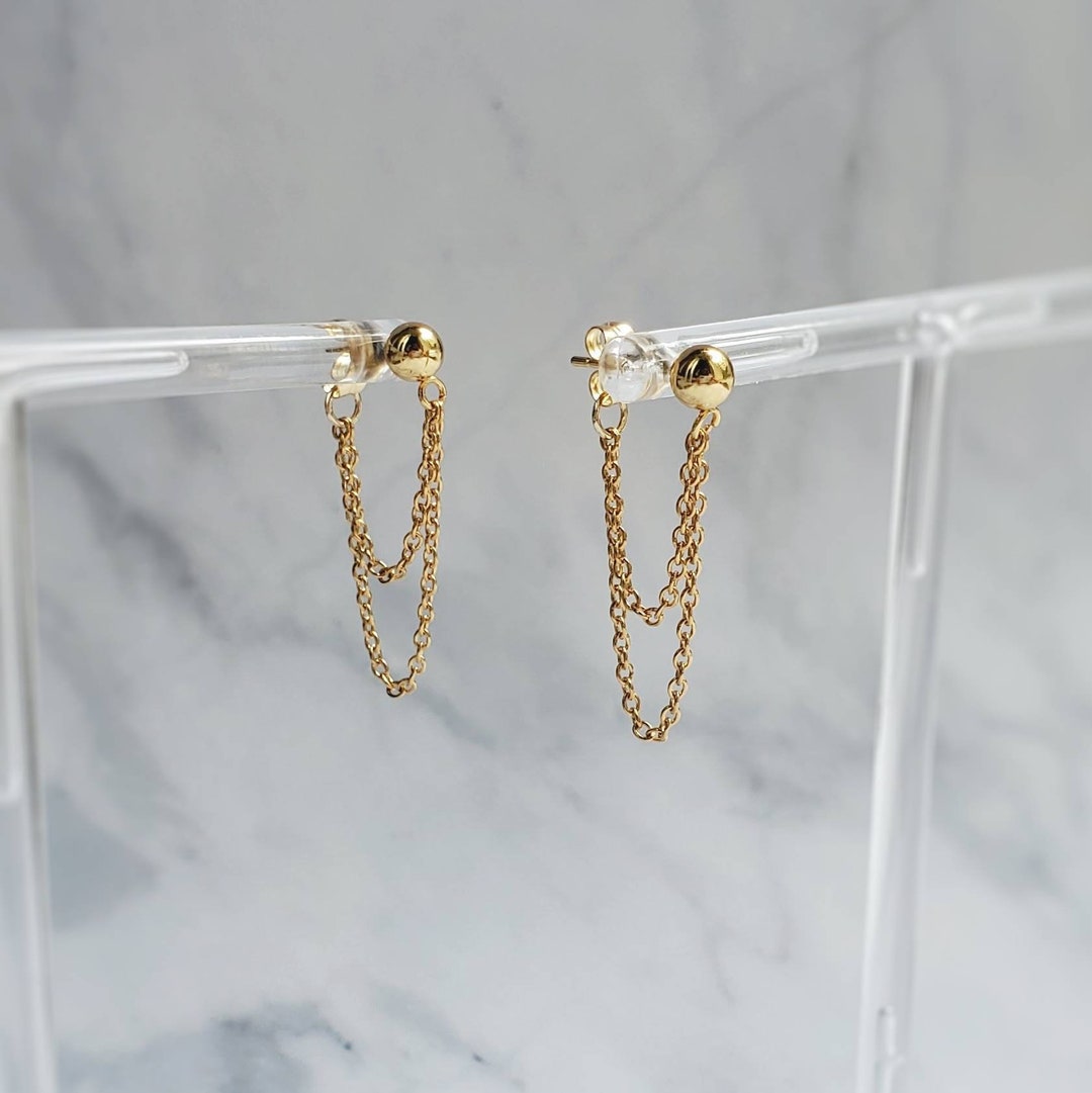 Double Chain Earrings Dainty Stud Earrings Gold Chain - Etsy