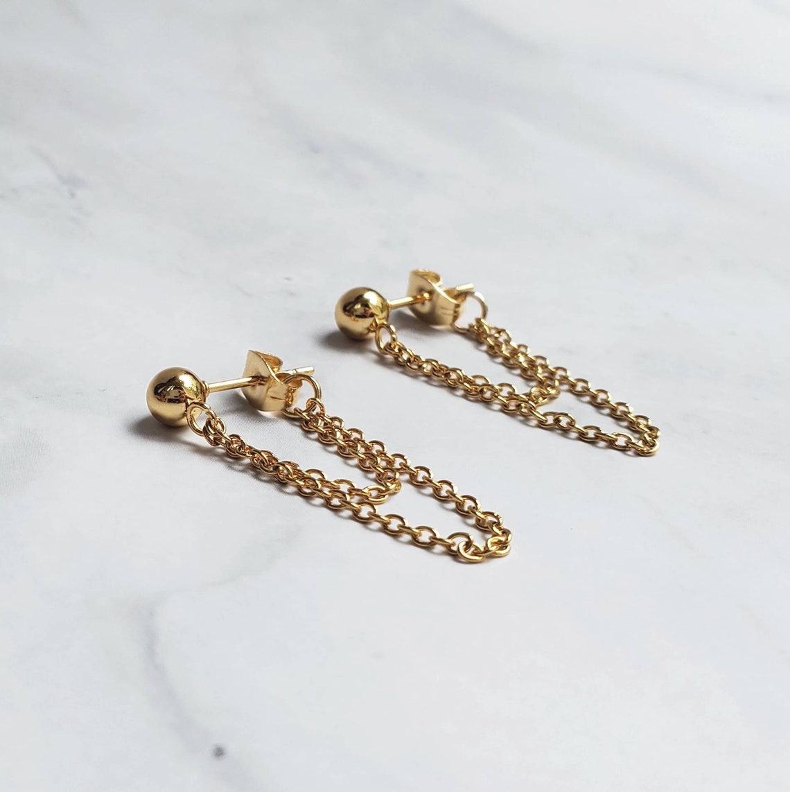 Double Chain Earrings Dainty Stud Earrings Gold Chain - Etsy