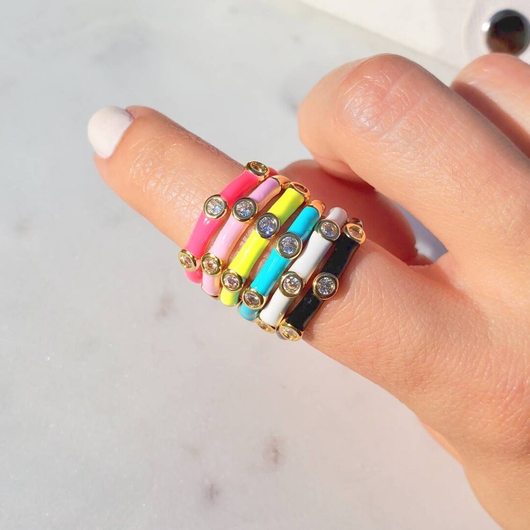 Colorful Enamel Ring, Gold Enamel Stackable Ring, Cz Ring, Enamel ...