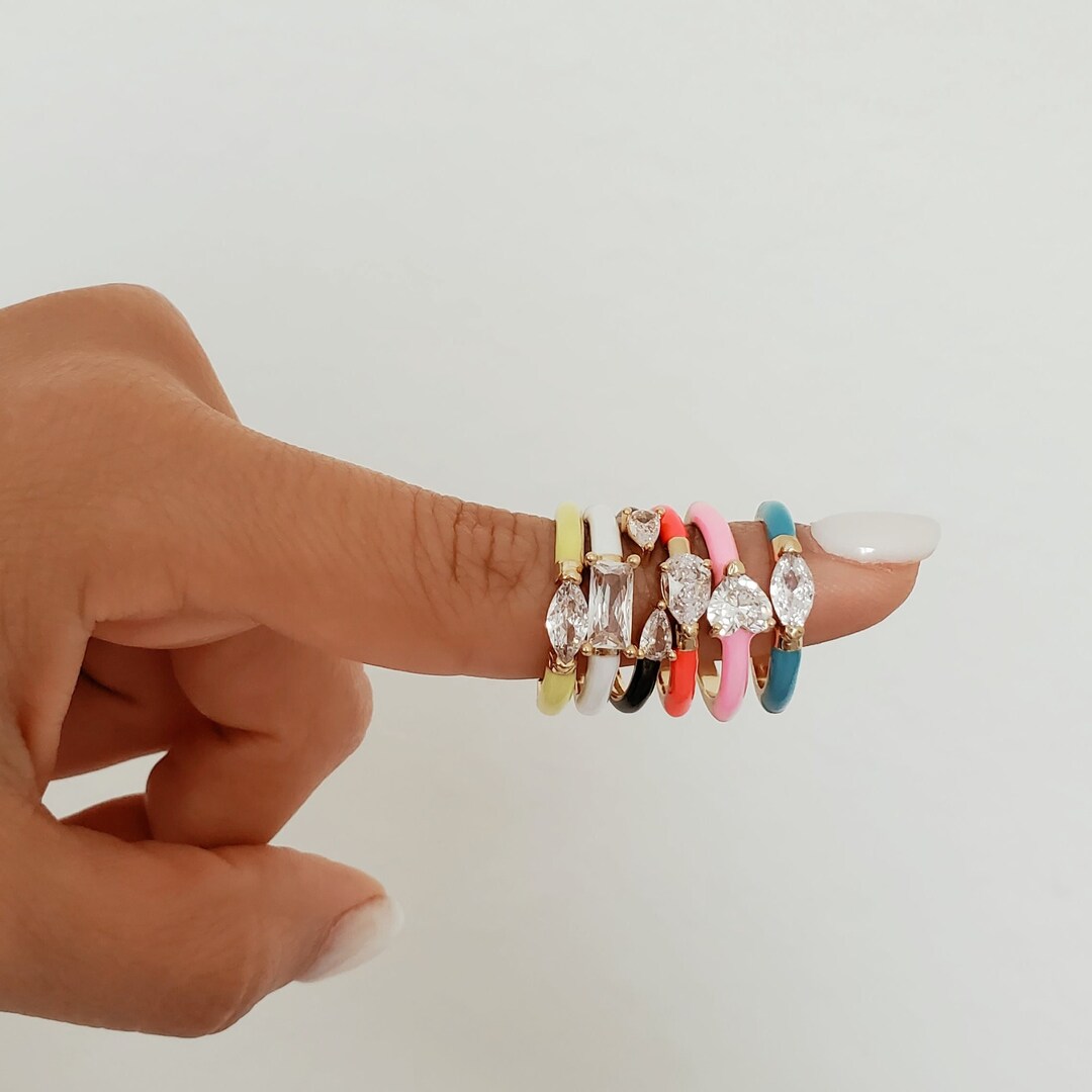 Colorful Enamel Ring Gold Enamel Stackable Ring Cz Ring - Etsy