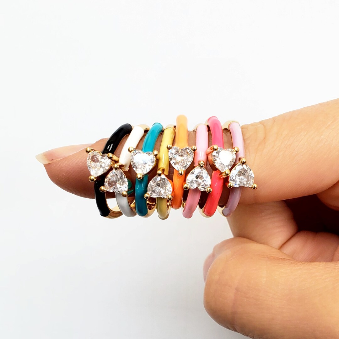 Colorful Enamel Ring Gold Enamel Stackable Ring Cz Ring - Etsy