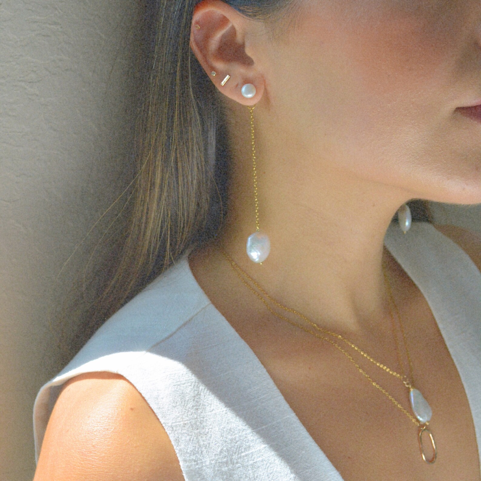 Bridal Pearl Chain Earrings, 14k Gold Filled Fresh Water Pearl Drop ...