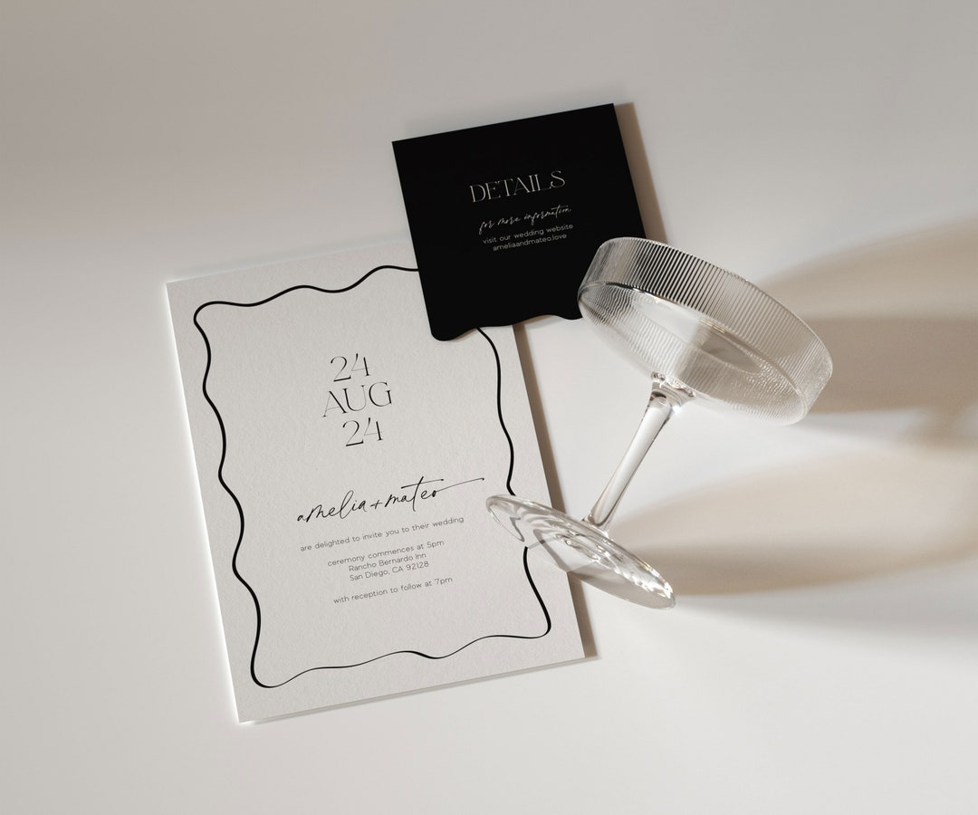 Wiggly Wave Wedding Invitation Set: Modern Black and White Design - Etsy
