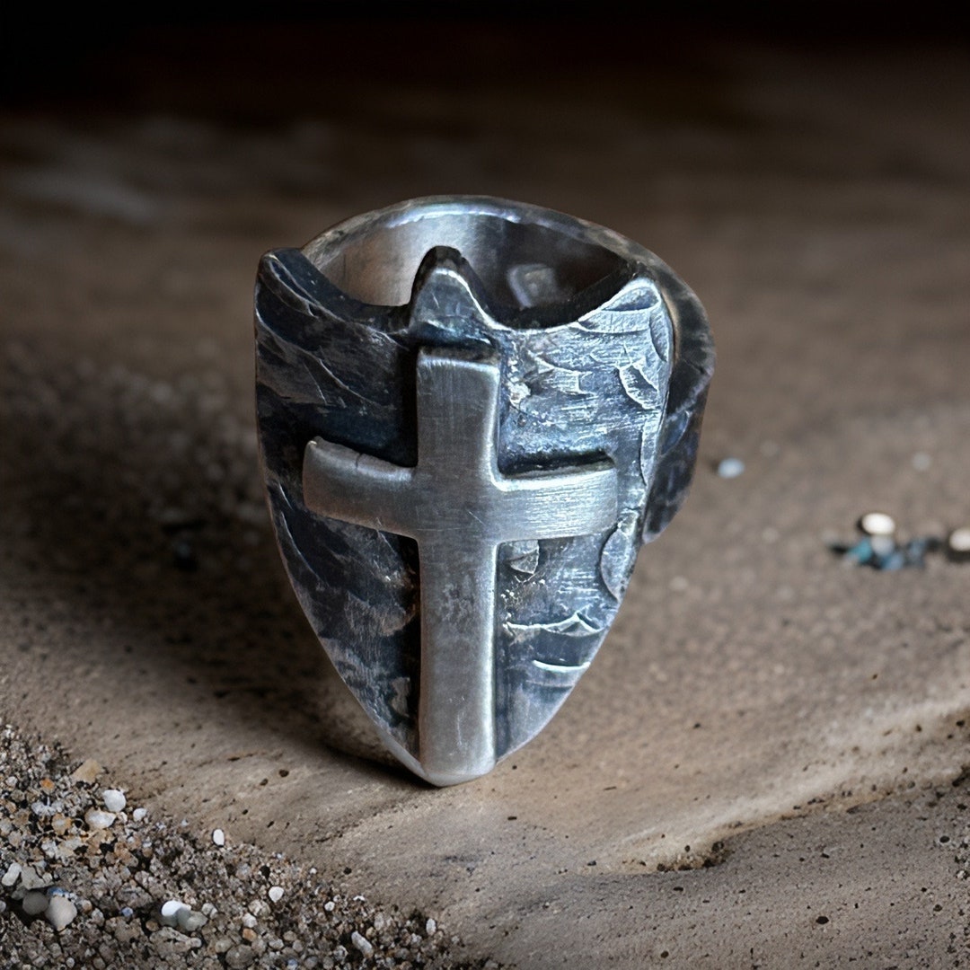 Mens Cross Ring Artisan Shield Solid 925 Sterling Silver Oxidized Cross ...