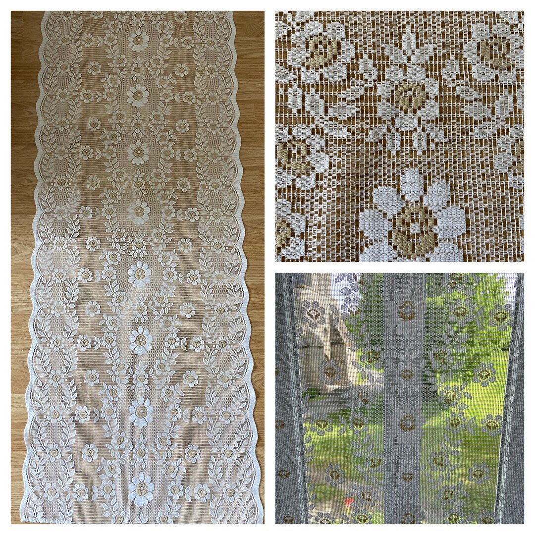 Traditional French Long and Narrow White & Beige Open Weave Embroidered ...