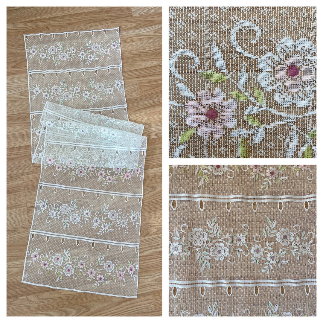 Traditional French Long and Narrow White Pink Green Floral Net Curtain ...