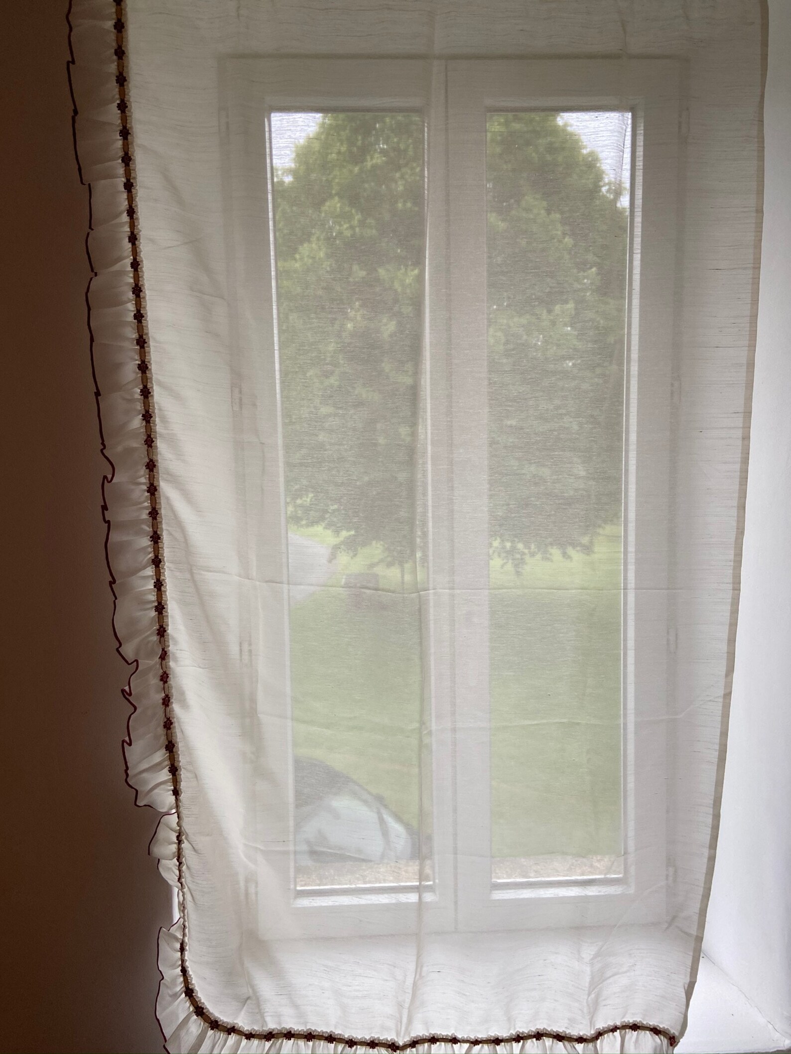 Single French Frilly Cream Net Curtain Panel With Red Braid - Etsy