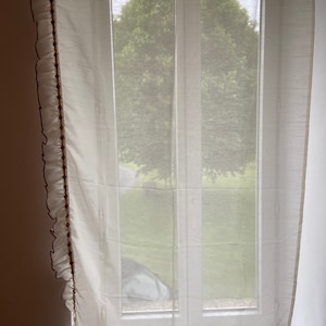 Single French Frilly Cream Net Curtain Panel With Red Braid Trim (93 X ...