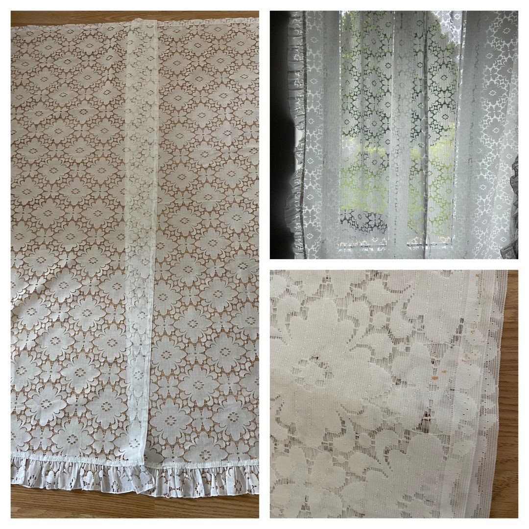 Pair of Retro French White Frilly Floral Net Curtains (54 X 118cm) - Etsy