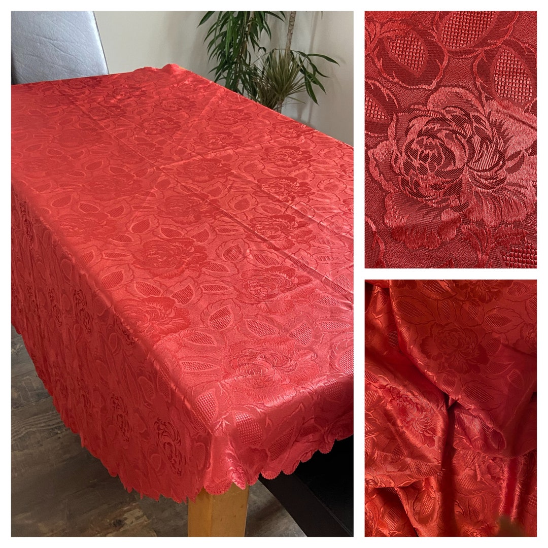 Vintage Large Round Rayon Damask Floral Rich Red Scalloped Edge ...