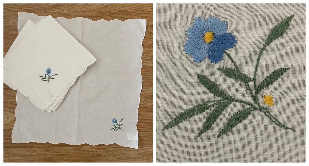 X 6 - French White Cotton Serviettes With Blue Hand Embroidered Flower ...