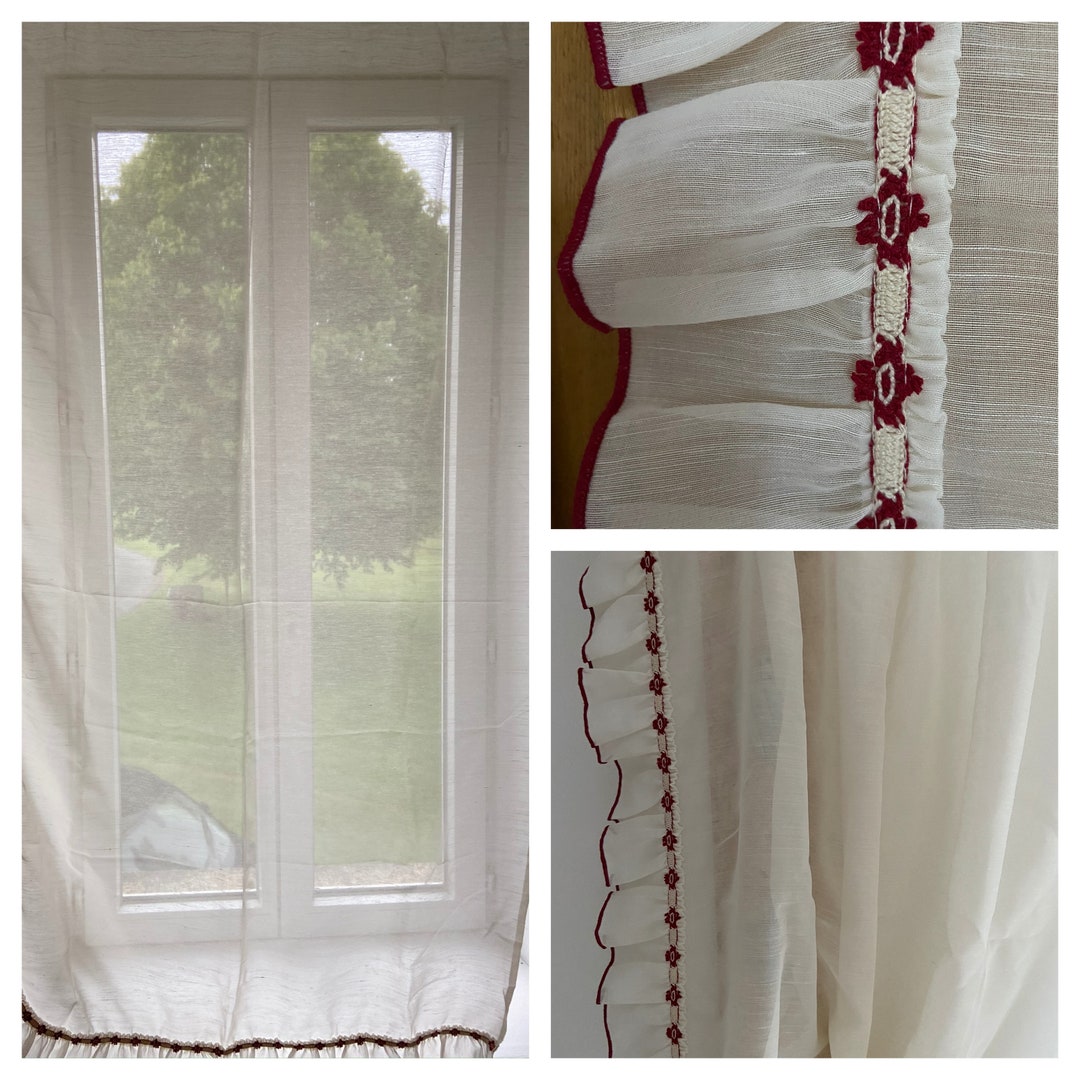 Single French Frilly Cream Net Curtain Panel With Red Braid Trim (93 X ...