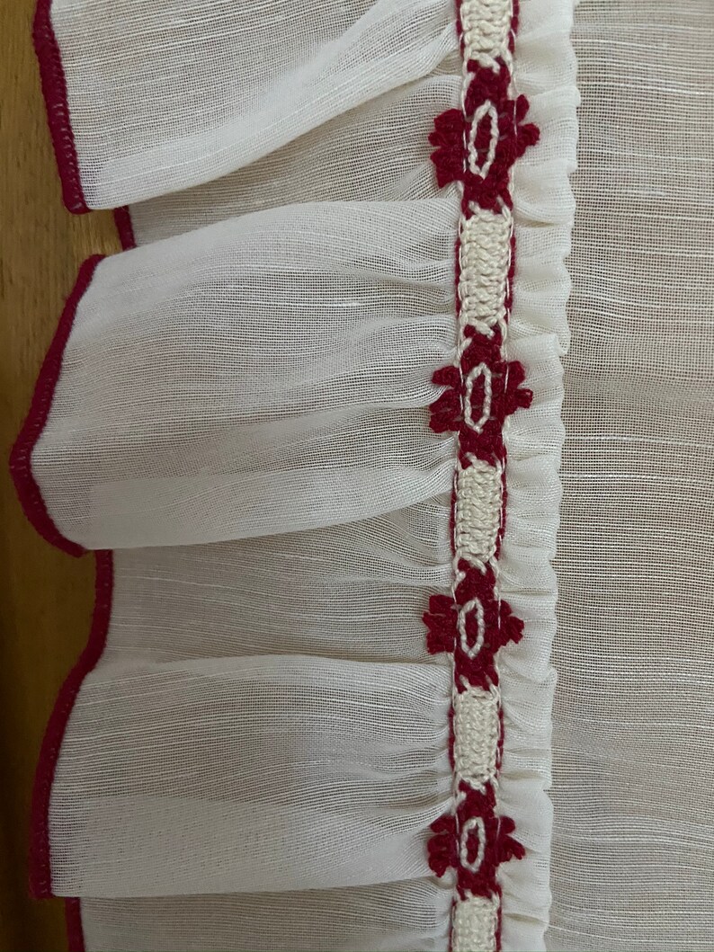 Single French Frilly Cream Net Curtain Panel With Red Braid Trim (93 X ...