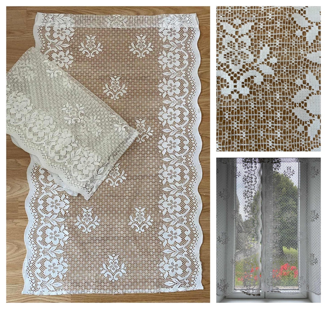 Pair of French White Floral Net Lace, Scalloped Edged Panel Curtains ...