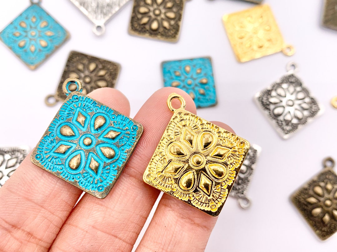 25mm Pewter Granny Square Pendants Cute Diamond Shape Charms in Gold ...