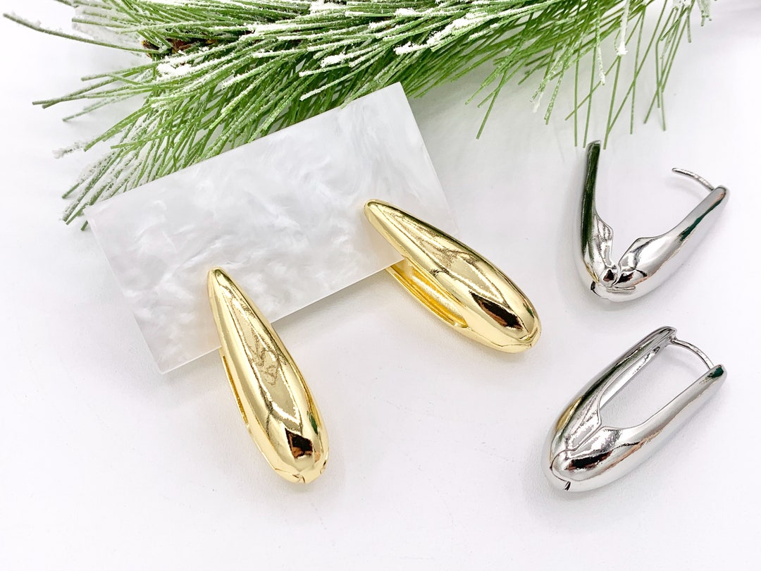 Long Drop Oval Latch Back Hoops Earring Huggies in 18K Gold or Silver ...