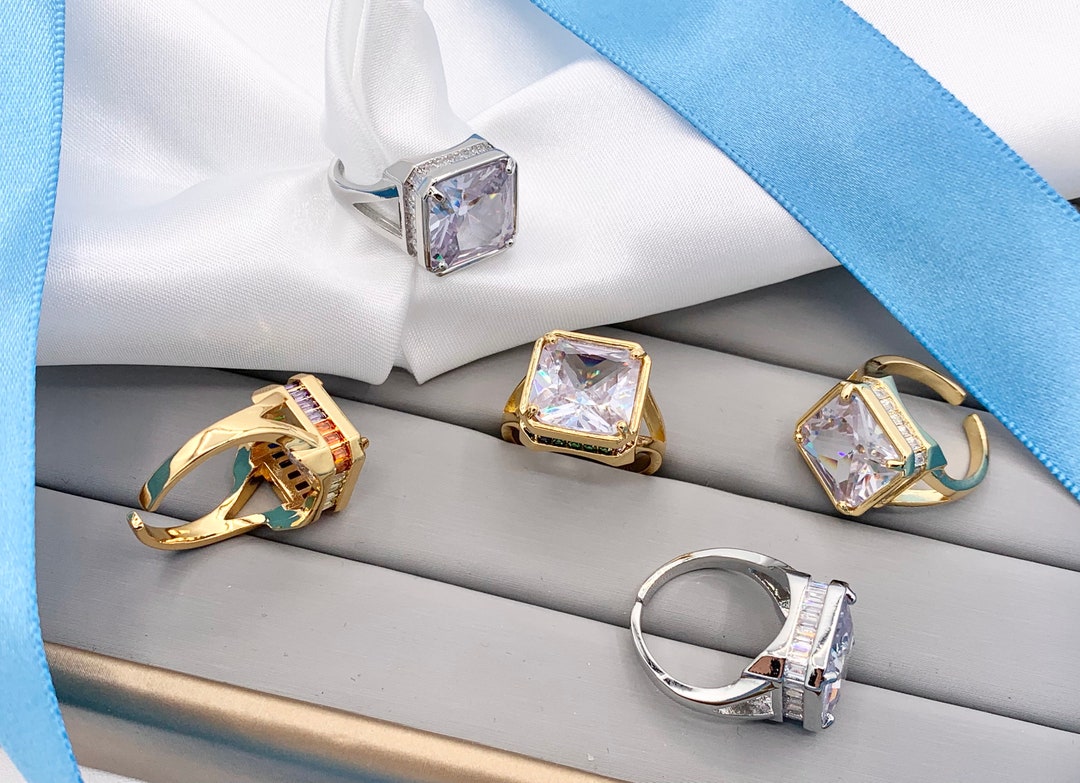 Large Square Asscher Cut Rhinestone Rings in Real 18K Gold and Platinum ...