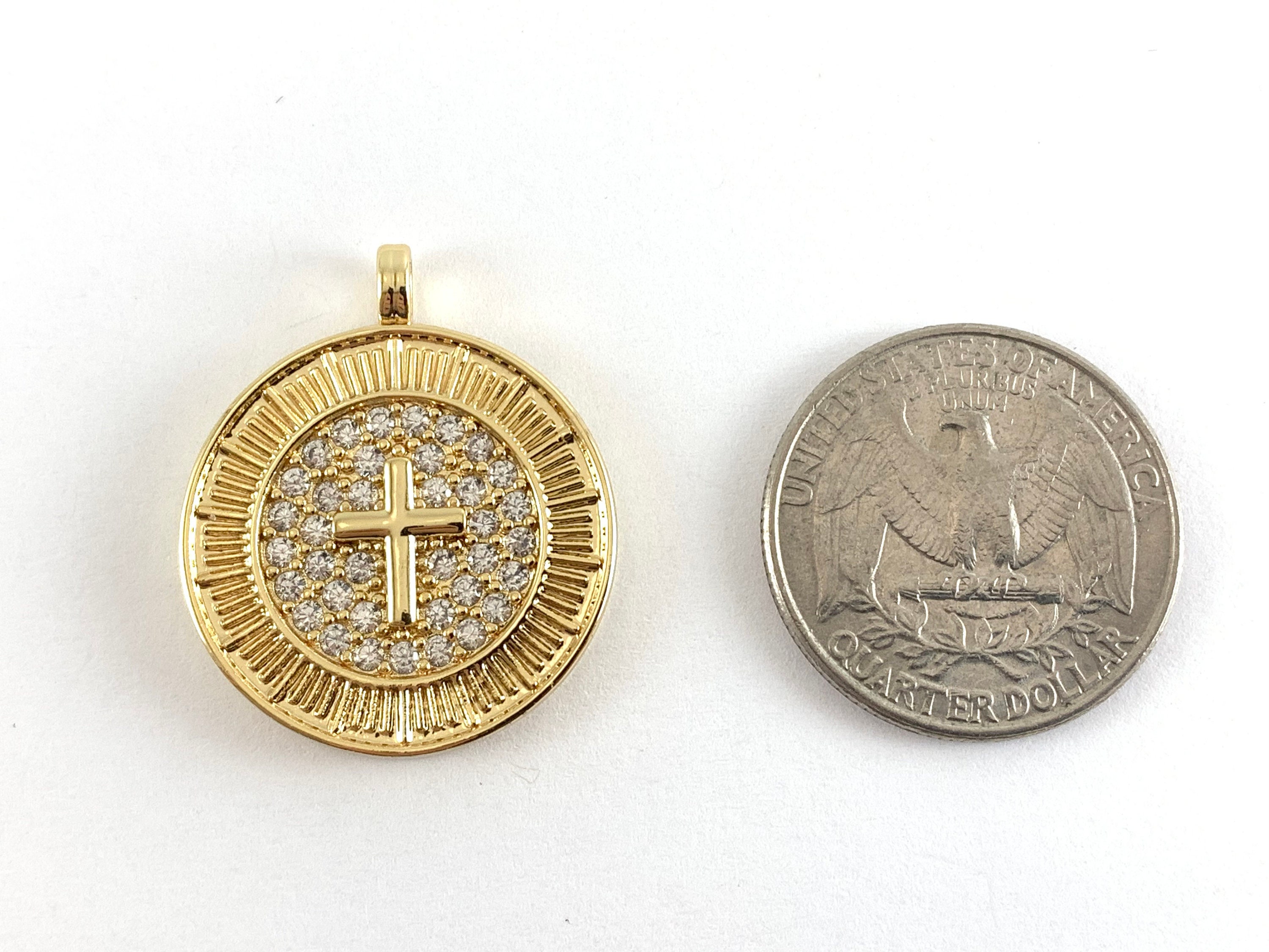 Real Gold 18K Plated Micro CZ Coin Cross Pave Charm Over - Etsy