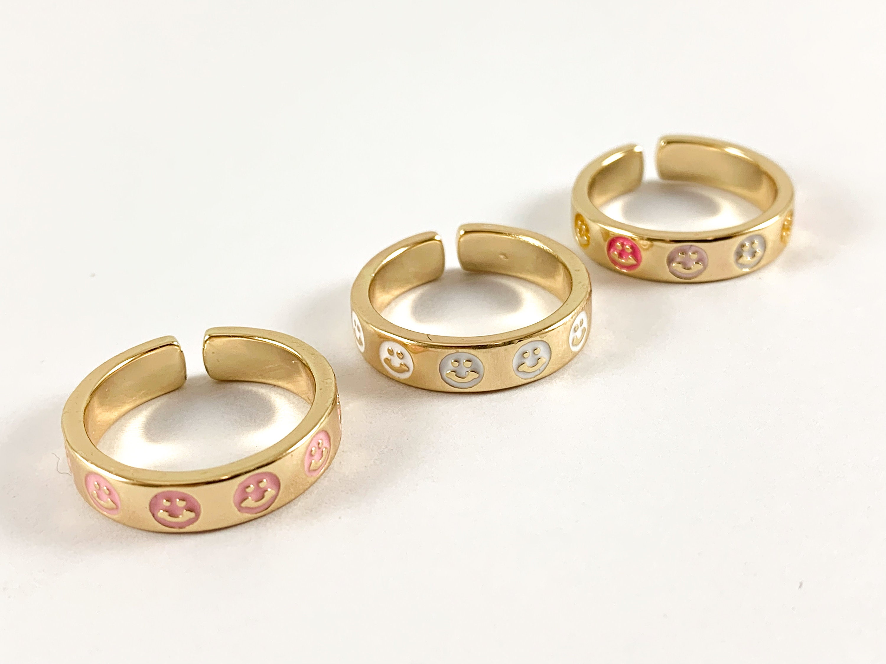 Real Gold 18K Plated Enamel Multi Smiley Face Band Ring - Etsy