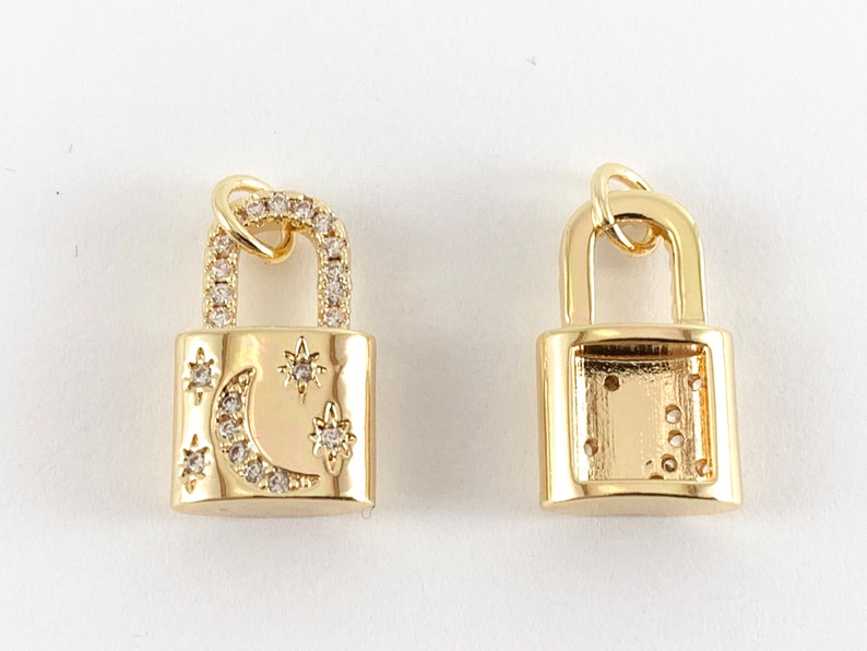Real Gold 18K Plated Micro CZ Small Lock With Moon Crescent - Etsy