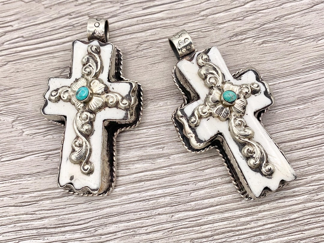 Tibetan Silver Bone Cross Pendant With Turquoise - Etsy