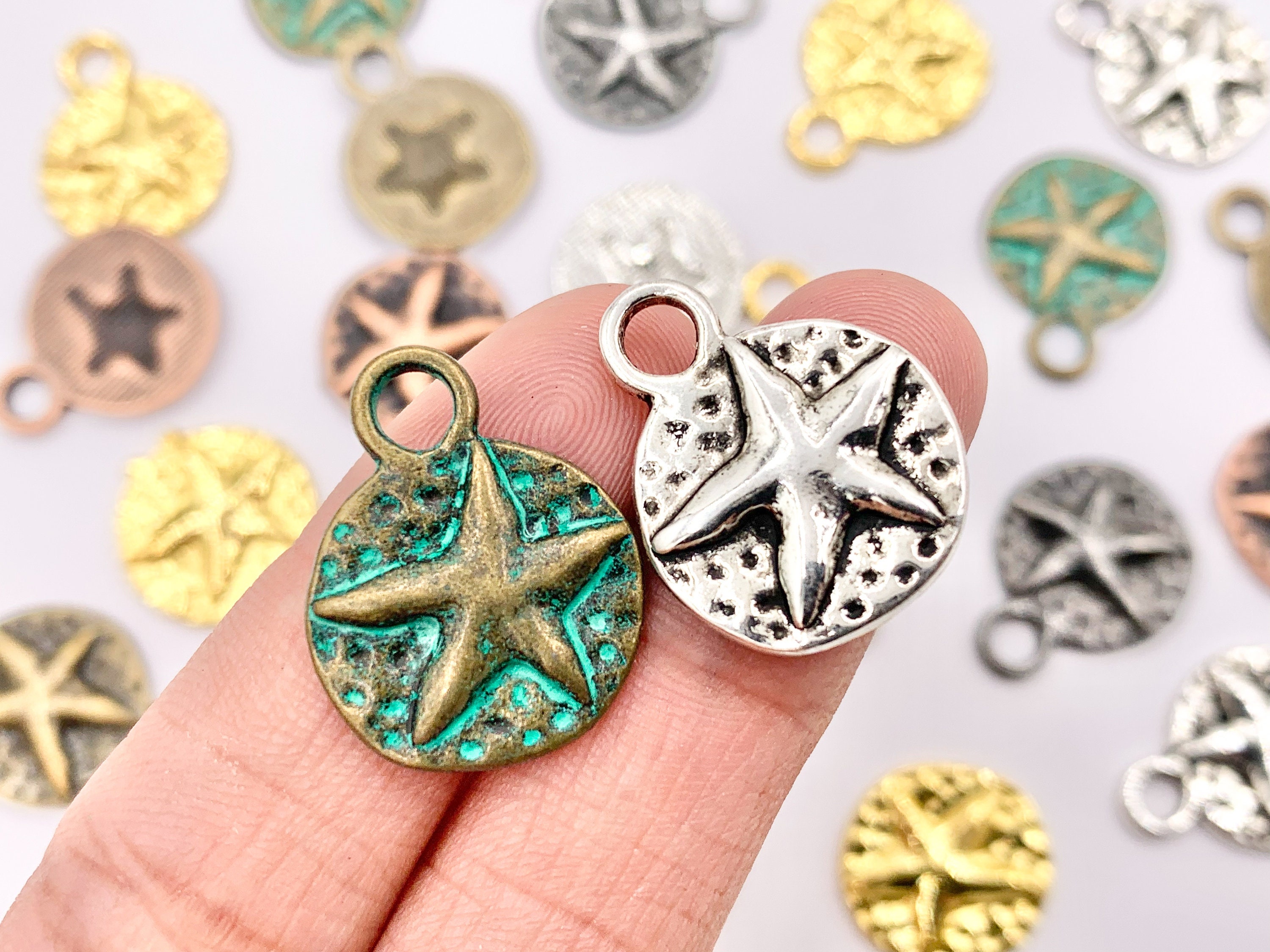 16mm Pewter Starfish Carved Circle Pendants One Sided Sealife Coin ...