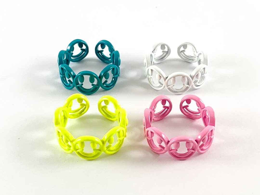 Neon Colorful Enamel Plated Copper Smiley Face Adjustable Ring - Etsy