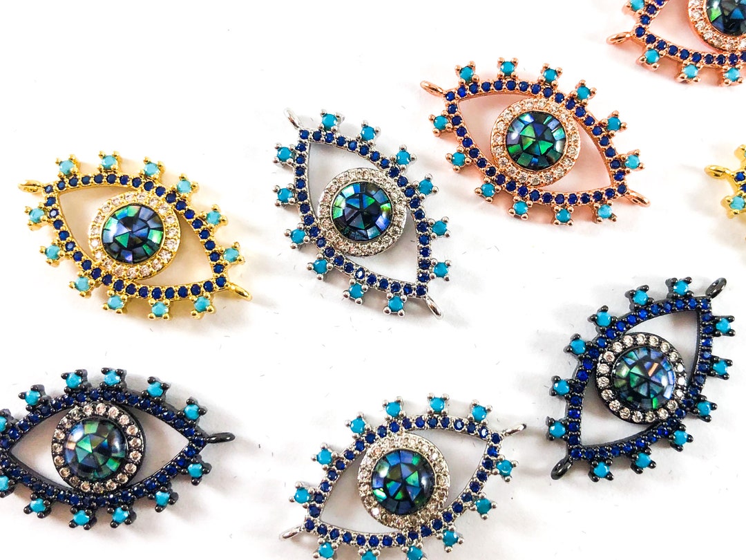 Abalone Evil Eye Connectors | Real 18K Gold Plated Over Brass CZ Pave ...