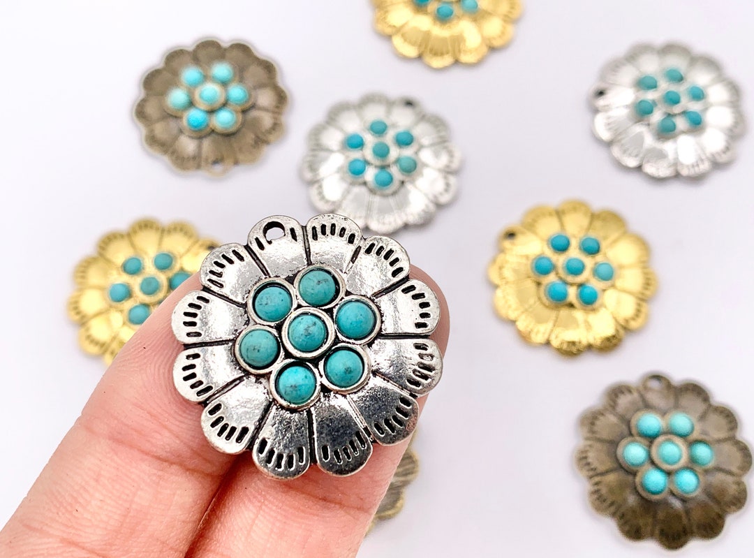 25mm Pewter Flower With Turquoise Charms Cute Floral Pendants in Gold ...