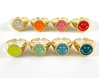 Real Gold 18K Plated Enamel Multi Smiley Face Band Ring | Etsy