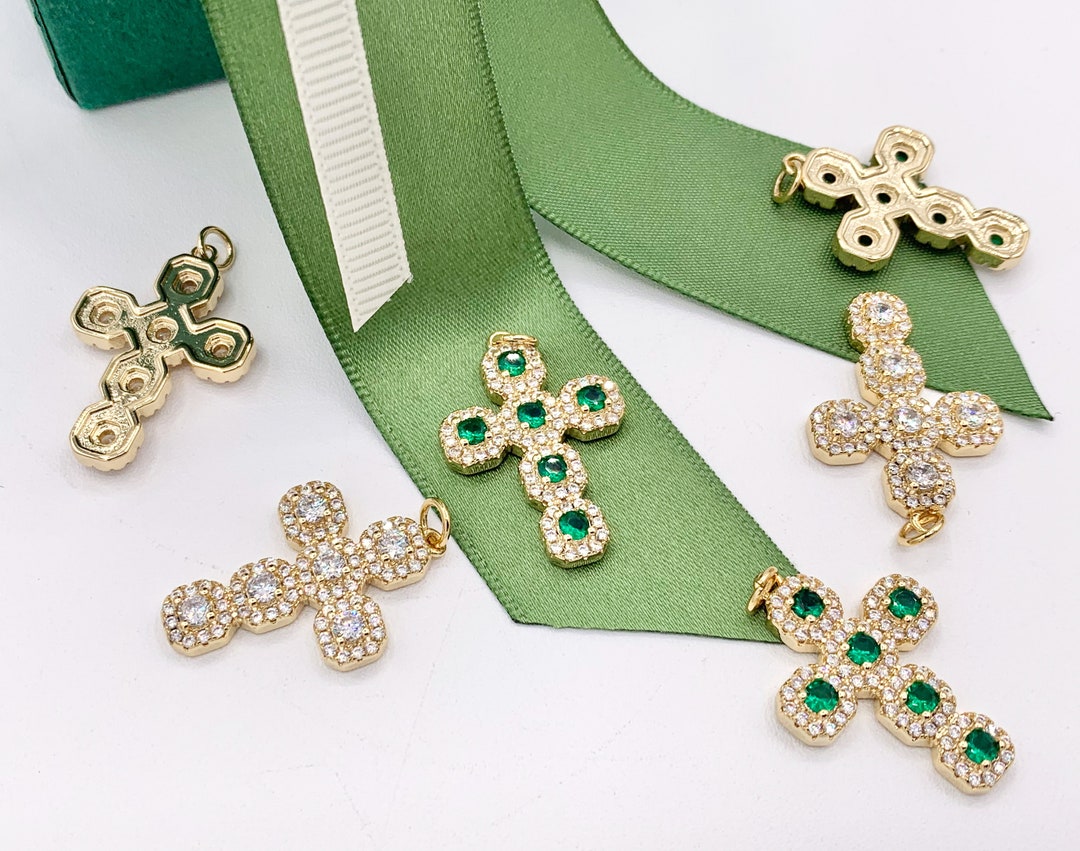 Whimsical Bedazzle Gold Cross Pendants With Beautiful Clear & Green CZ ...