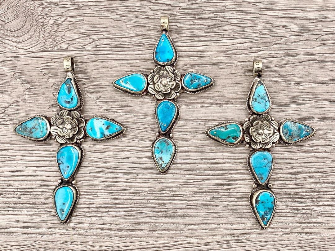 Tibetan Silver Teardrop Turquoise Cross Pendant With Flower Tibetan ...