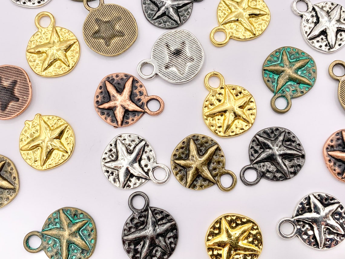 16mm Pewter Starfish Carved Circle Pendants One Sided Sealife Coin ...