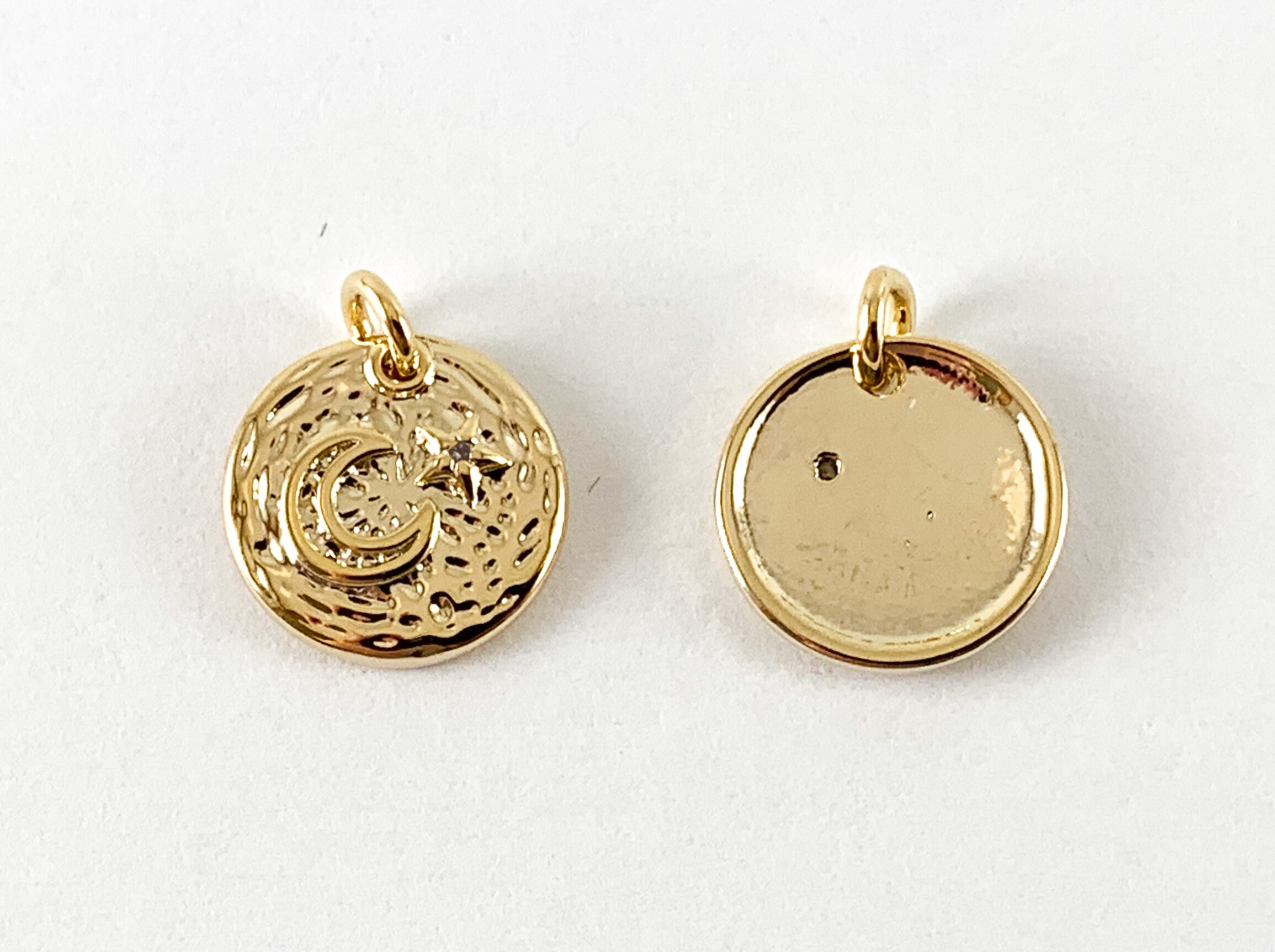 Real Gold 18K Plated Micro CZ Moon Crescent & Star Coin Pave Charm Over ...