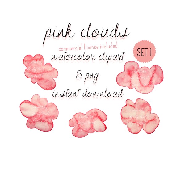 Watercolor Clipart Digital Art Clouds Pink | Etsy