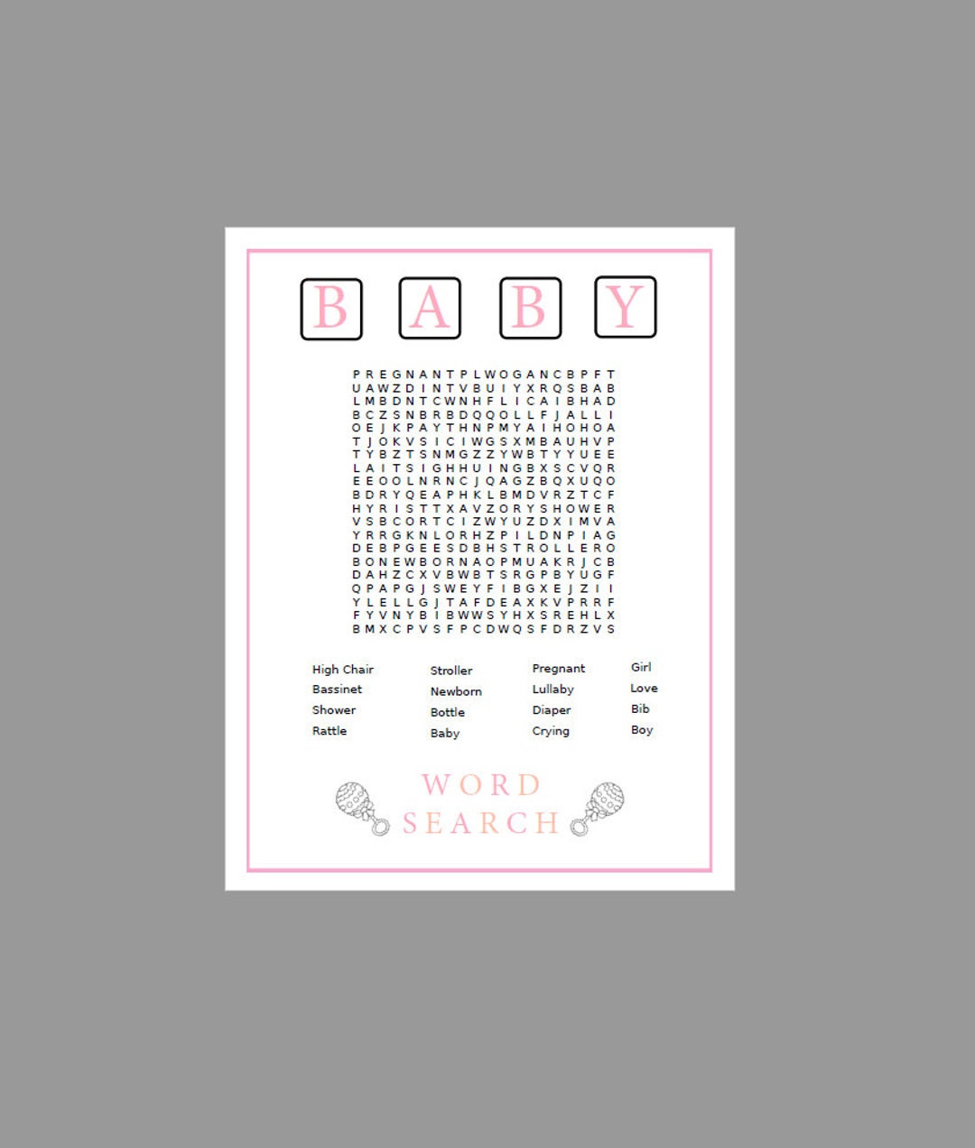 Printable Pink Baby Word Search - Etsy