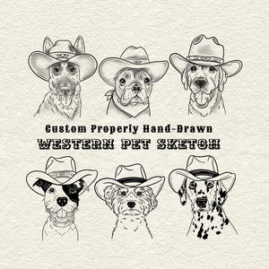 Western Pet Portrait, Dog or Cat Sketch With Cowboy Hat, Digital File ...