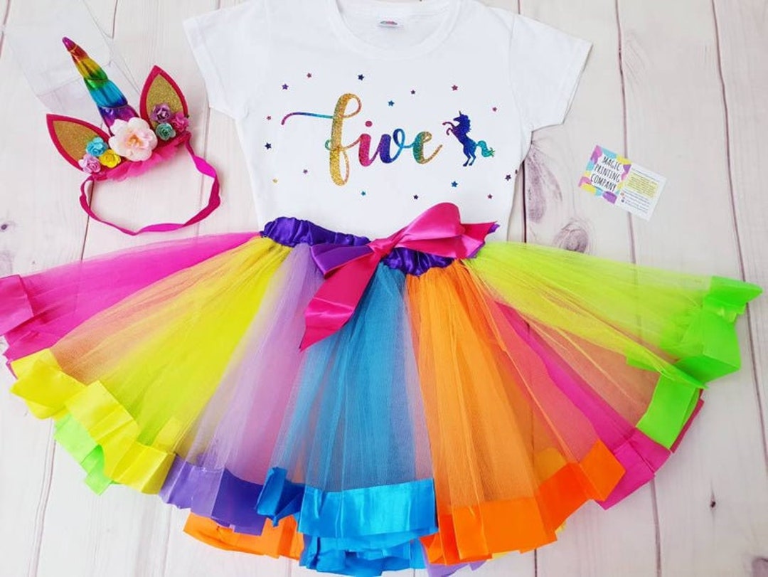 Girls Rainbow Birthday Unicorn Outfit Dress Tutu Skirt Party Decoration ...