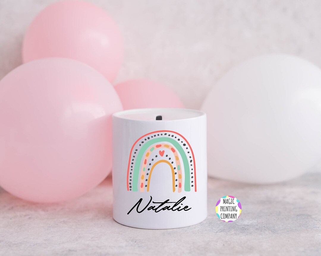Personalised Rainbow Money Box, Pink Blue Ceramic Piggy Bank for Kids ...