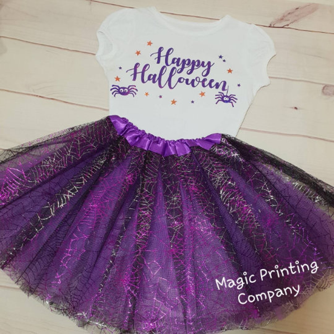 Girls Happy Halloween Outfit Spider Cobweb Tutu Purple Top Tshirt Fancy ...