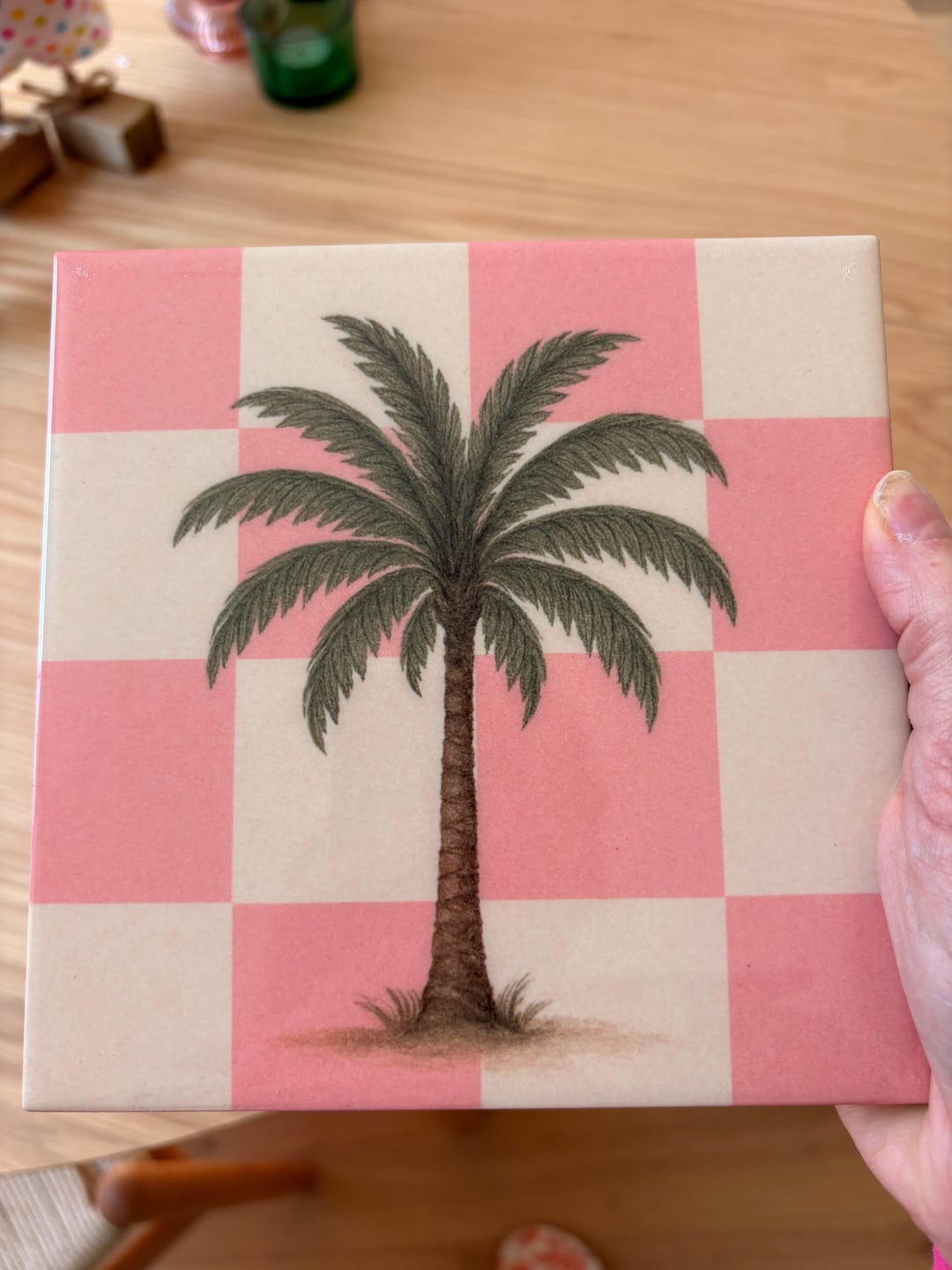 Pink Checkered Palm Tree Tile – 15x15cm Ceramic Tile for Kitchen ...