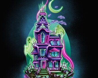Haunted House Neon Monster Party Nights 8x12 Art Print - Etsy