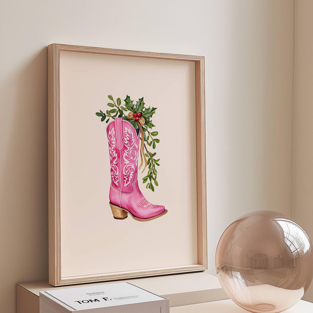 Pastel Pink Cowboy Boot Art Print | Whimsical Christmas Poster ...
