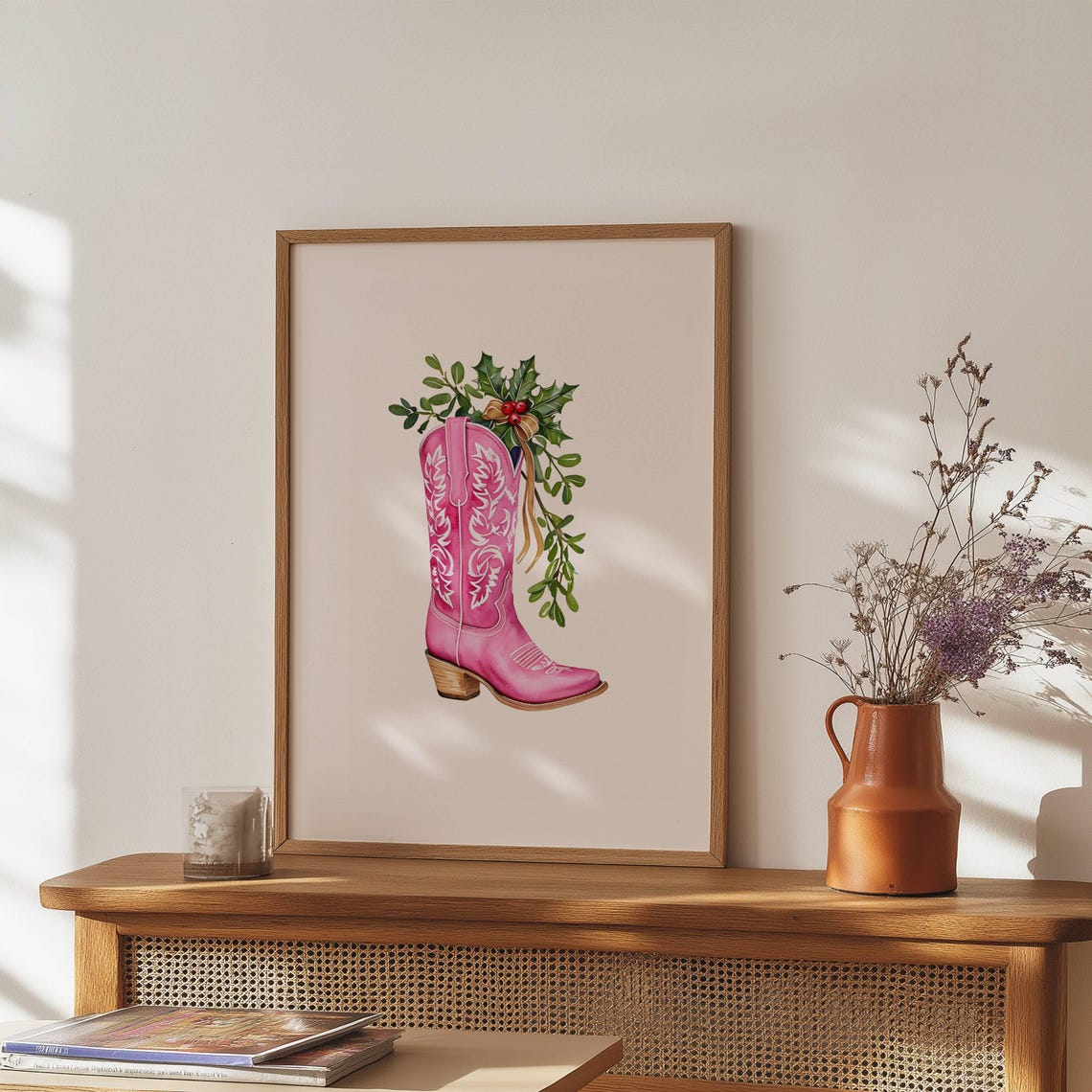 Pastel Pink Cowboy Boot Art Print | Whimsical Christmas Poster ...