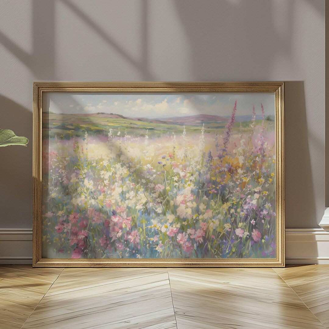 Serene Pastel Meadow Landscape Art Print | Spring Wildflower Field Oil ...