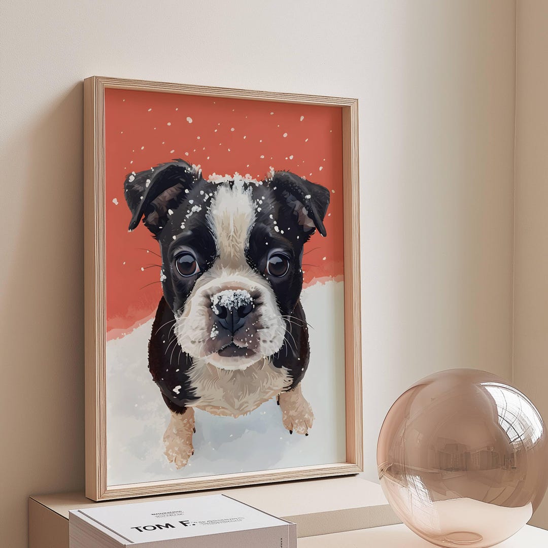 Boston Terrier Puppy Art Print | Winter Snow Dog Poster | Christmas ...